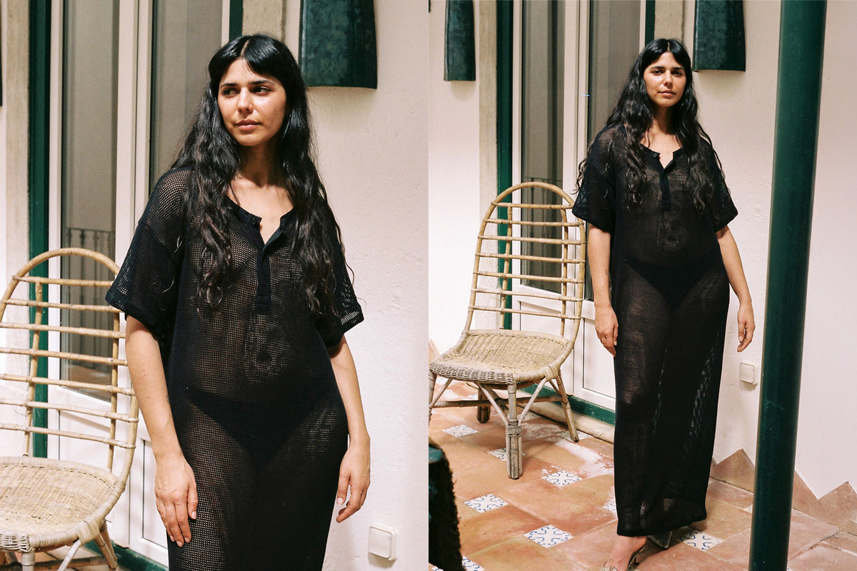 Grid Mesh Long Tunic - Black | GIL RODRIGUEZ