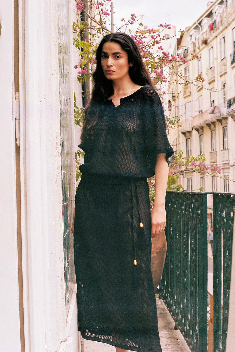 Grid Mesh Long Tunic - Black | GIL RODRIGUEZ